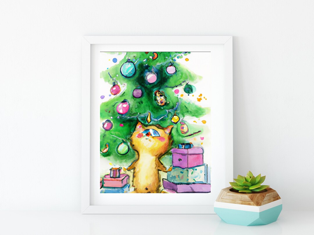 Printable Cat Art, Christmas Tree Art, Christmas Cat Art, Watercolor ...