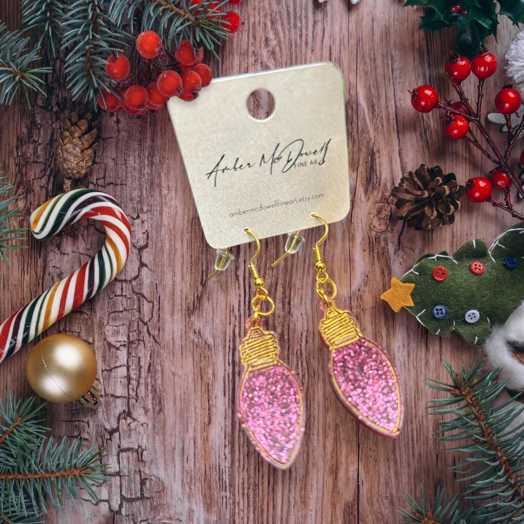 Pink Glitter Christmas Light Earrings, Holiday Earrings, Sparkly ...