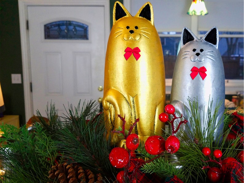 Cat Statues for Garden White & Gold Cat Figures Two Cats | Etsy