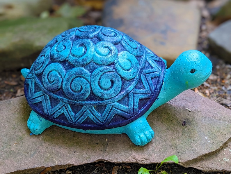 Swirly Turtle Garden Statue - Hand-painted Midnight and Aquamarine ...