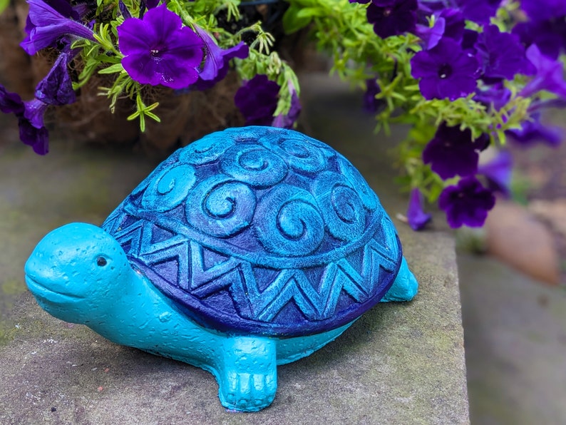 Swirly Turtle Garden Statue - Hand-painted Midnight and Aquamarine ...