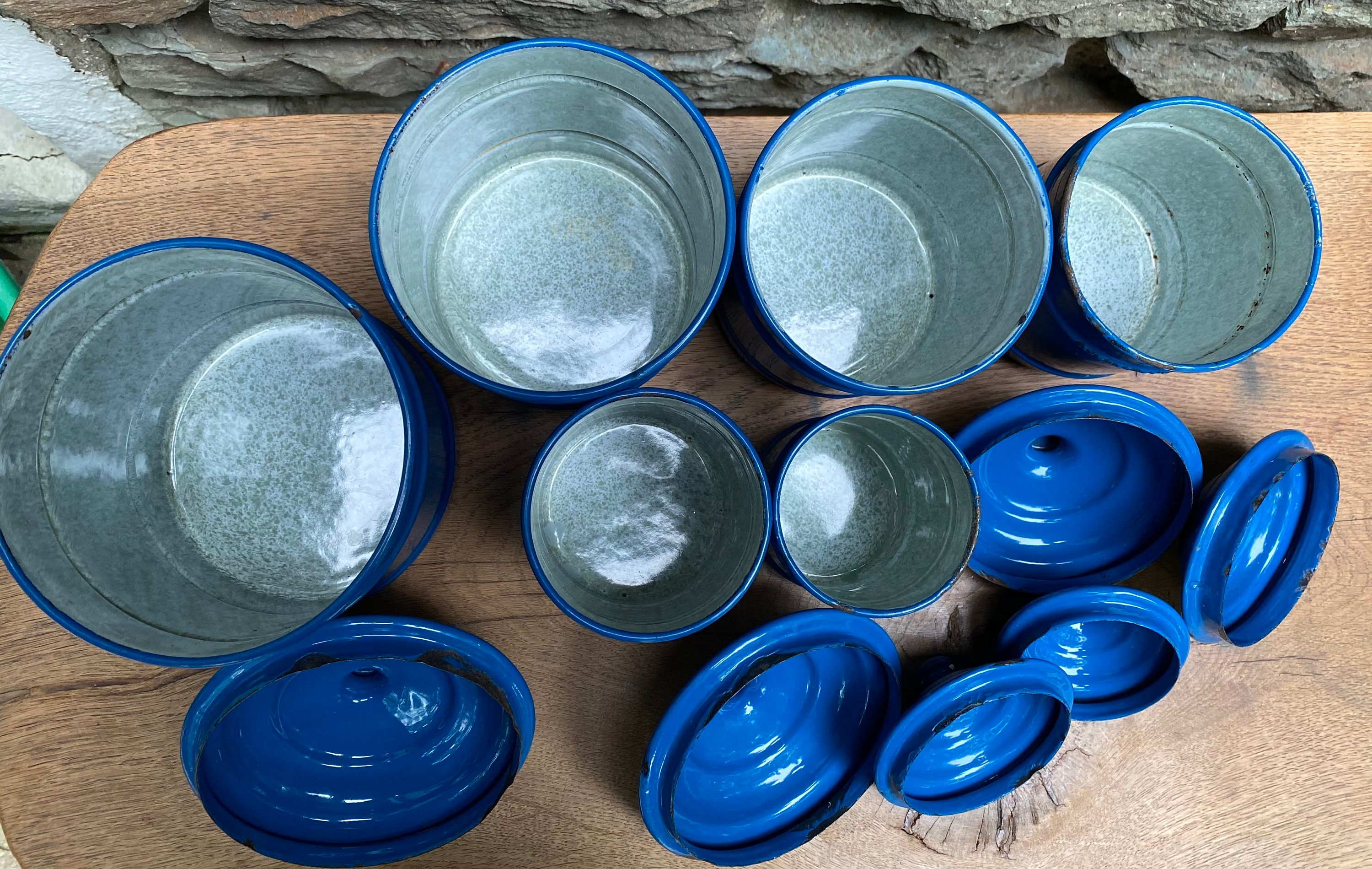 French Enamel Nesting Canisters 1940s, Enamel Spice pots