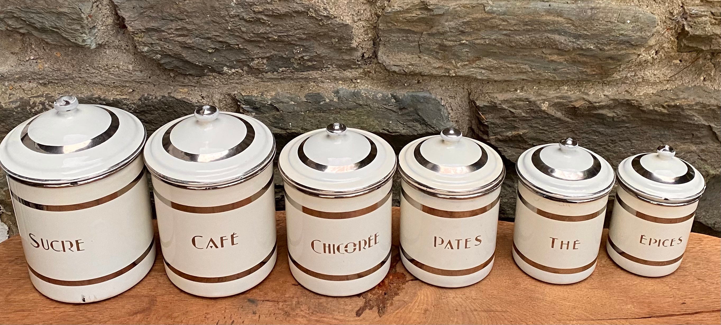 Set of 6 French Antique Enamel Nesting Canisters 1950s, Enamel Spice ...