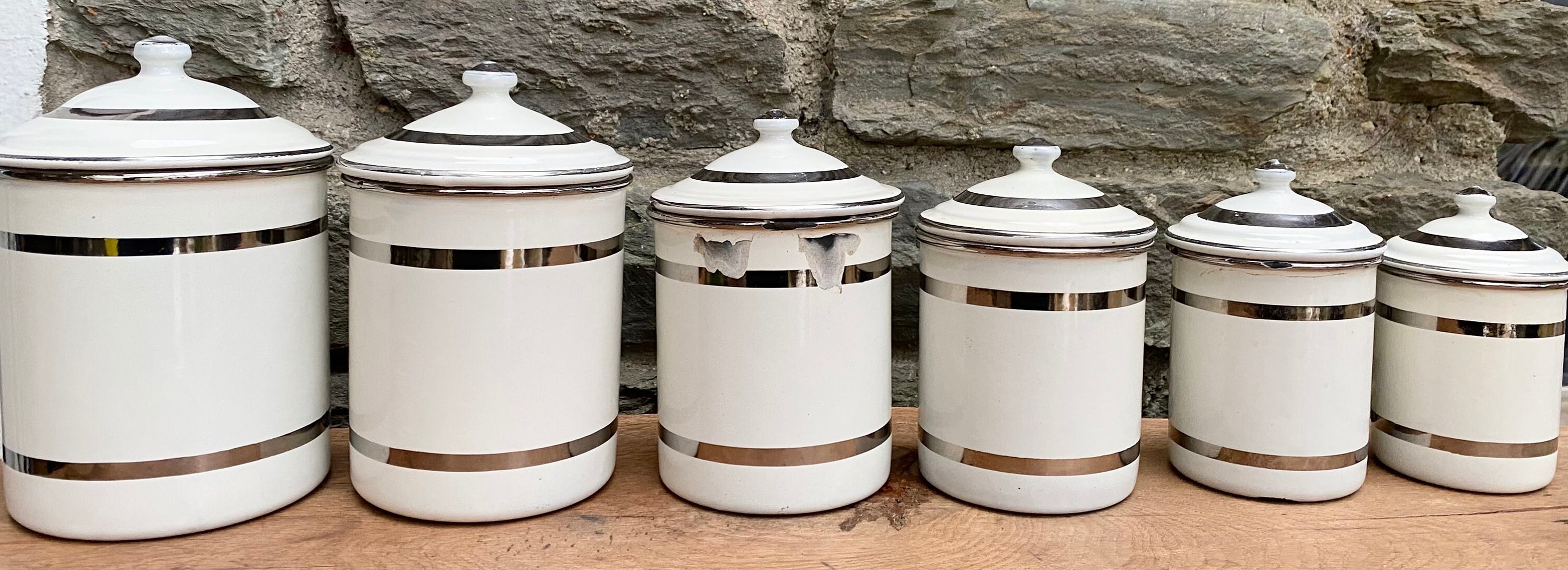 Set of 6 French Antique Enamel Nesting Canisters 1950s, Enamel Spice ...