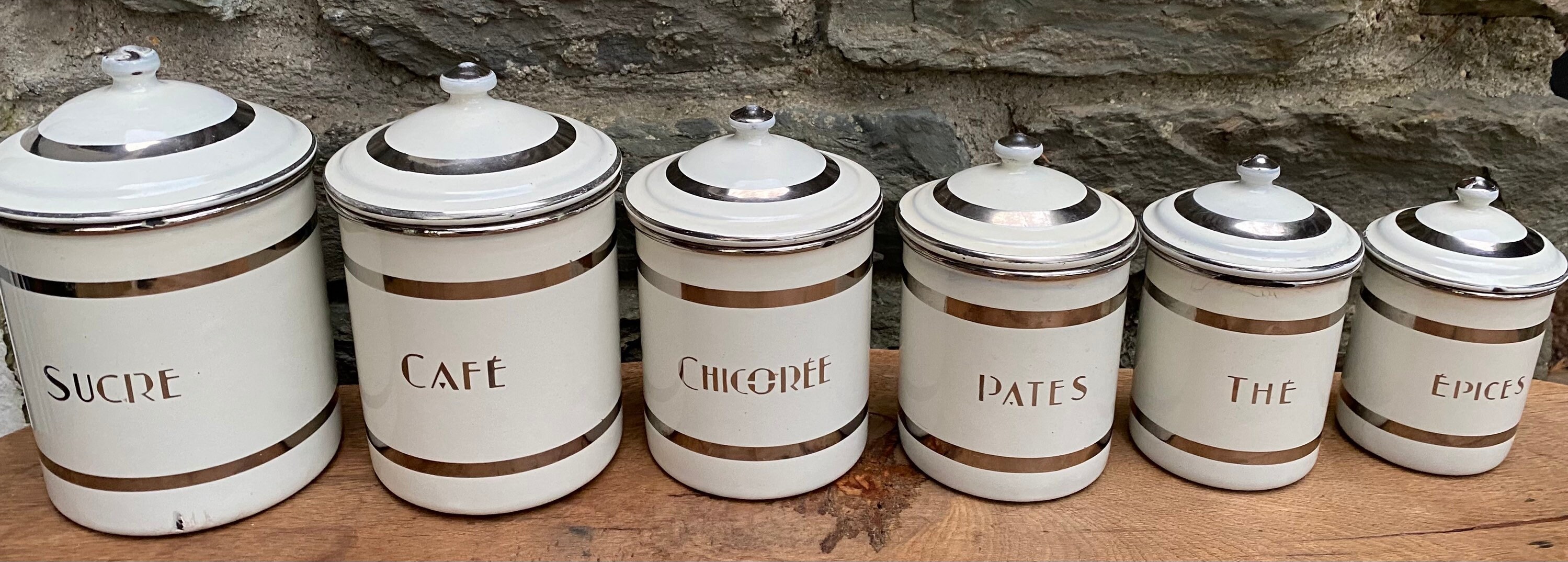 Set of 6 French Antique Enamel Nesting Canisters 1950s, Enamel Spice ...