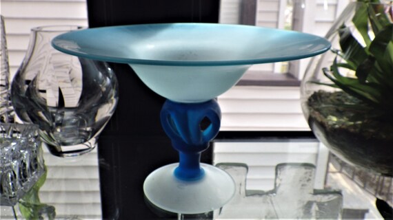 Murano Hand Blown Art Glass Compote Frosted White and Blue | Etsy
