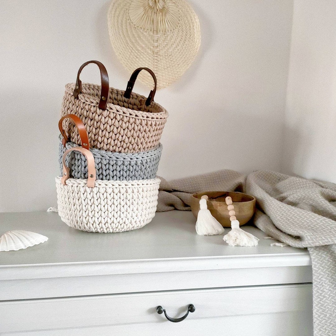 Basket With Leather Handles Round Cotton String Container - Etsy