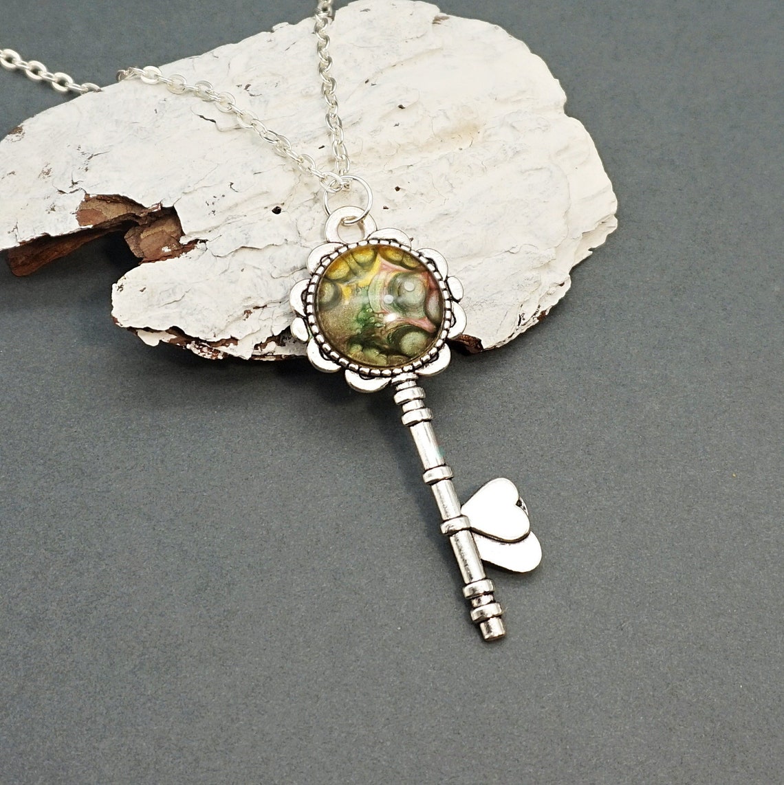 Hand-painted Boho Silver Key Pendant Necklace: Handmade Jewelry - Etsy