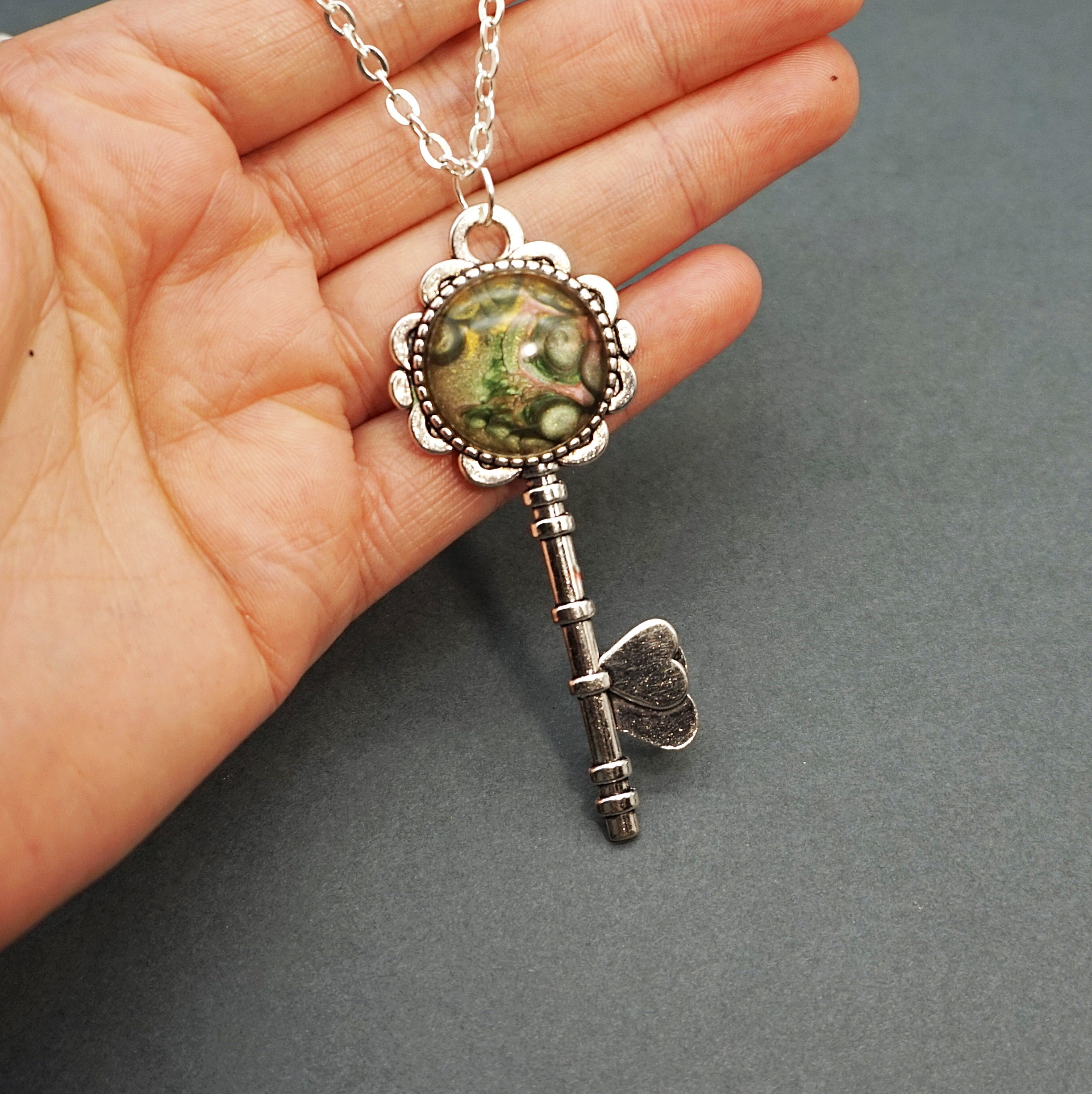 Hand-painted Boho Silver Key Pendant Necklace: Handmade Jewelry - Etsy