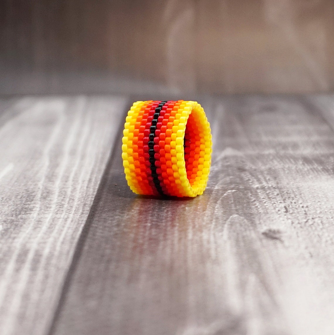 Red Yellow Gradient Ring Wide Band Striped Dainty Boho Beaded - Etsy