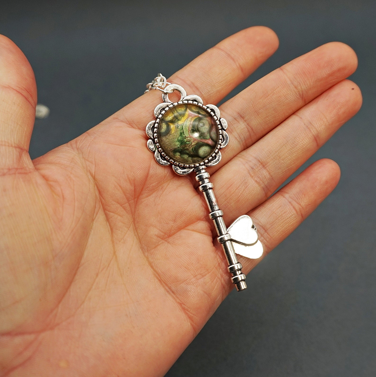 Hand-painted Boho Silver Key Pendant Necklace: Handmade Jewelry - Etsy