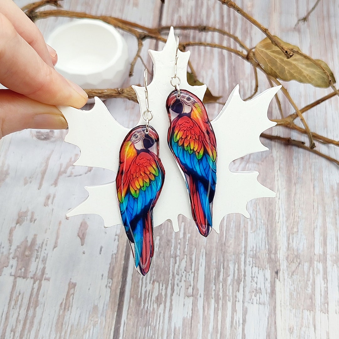 Parrot Earrings Dangle - Red & Blue Parakeet Bird Resin Design - Exotic ...