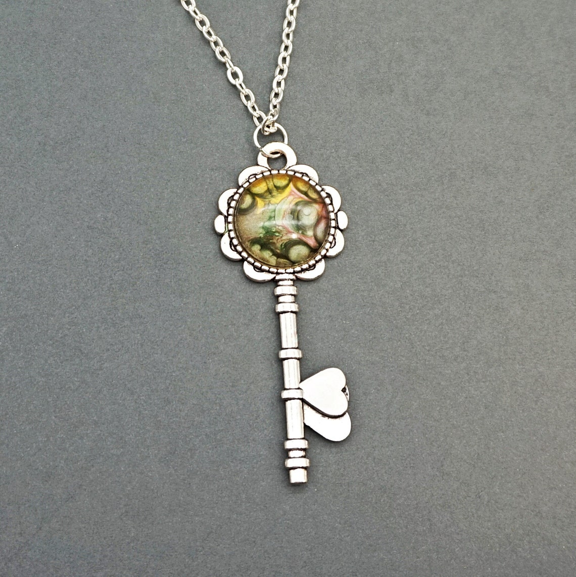 Hand-painted Boho Silver Key Pendant Necklace: Handmade Jewelry - Etsy