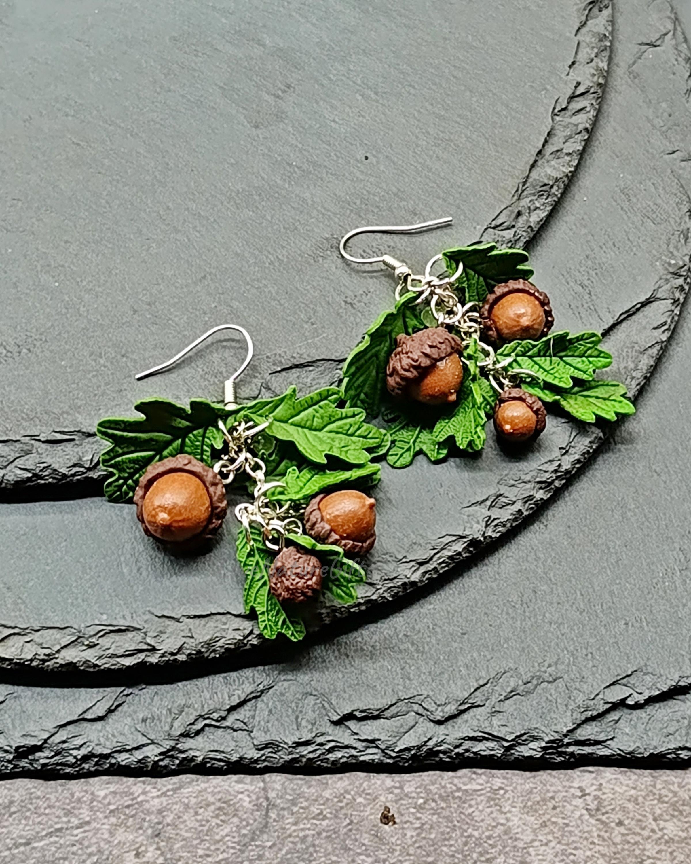 Acorn Dangle Earrings | Green Oak Leaf Jewelry | Nature-inspired ...