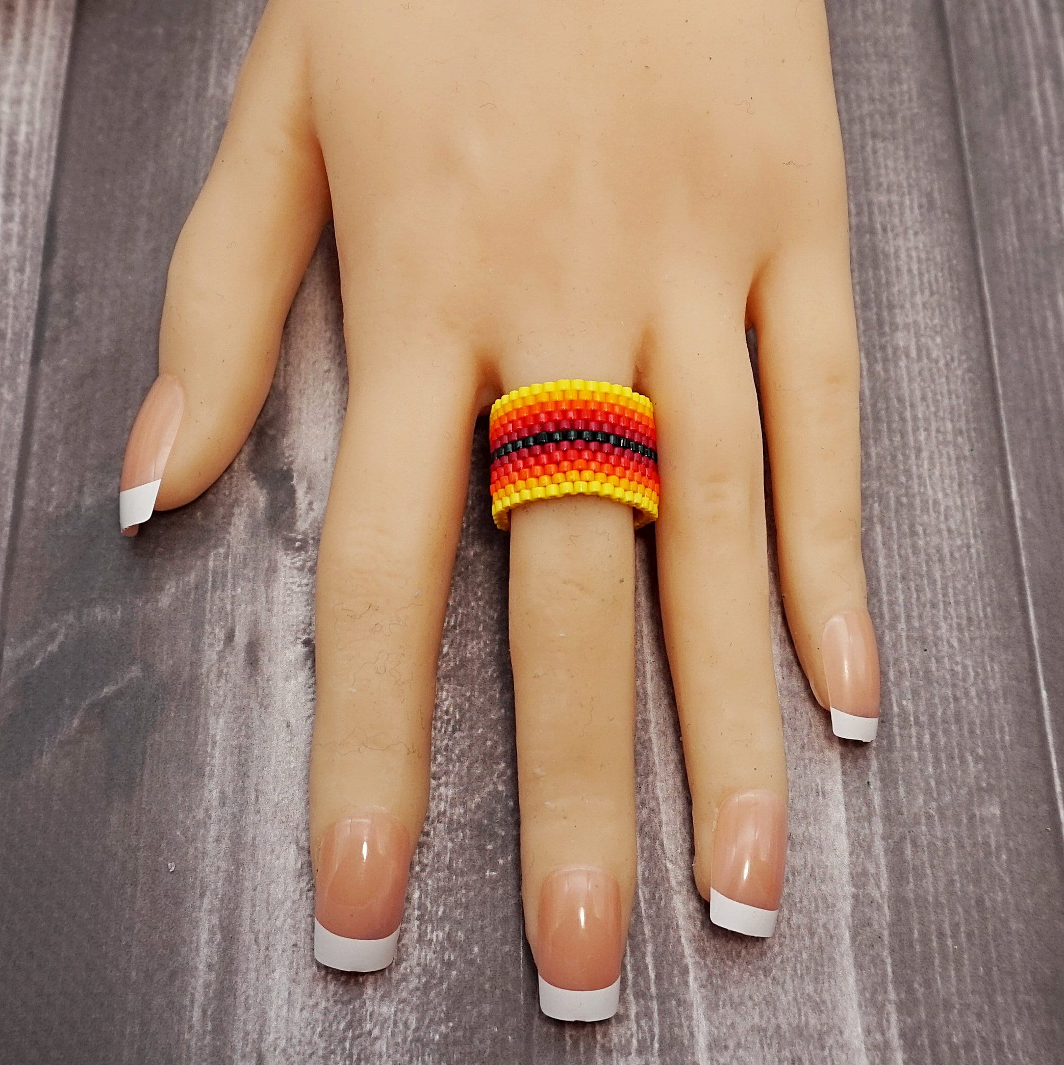 Red Yellow Gradient Ring Wide Band Striped Dainty Boho Beaded - Etsy