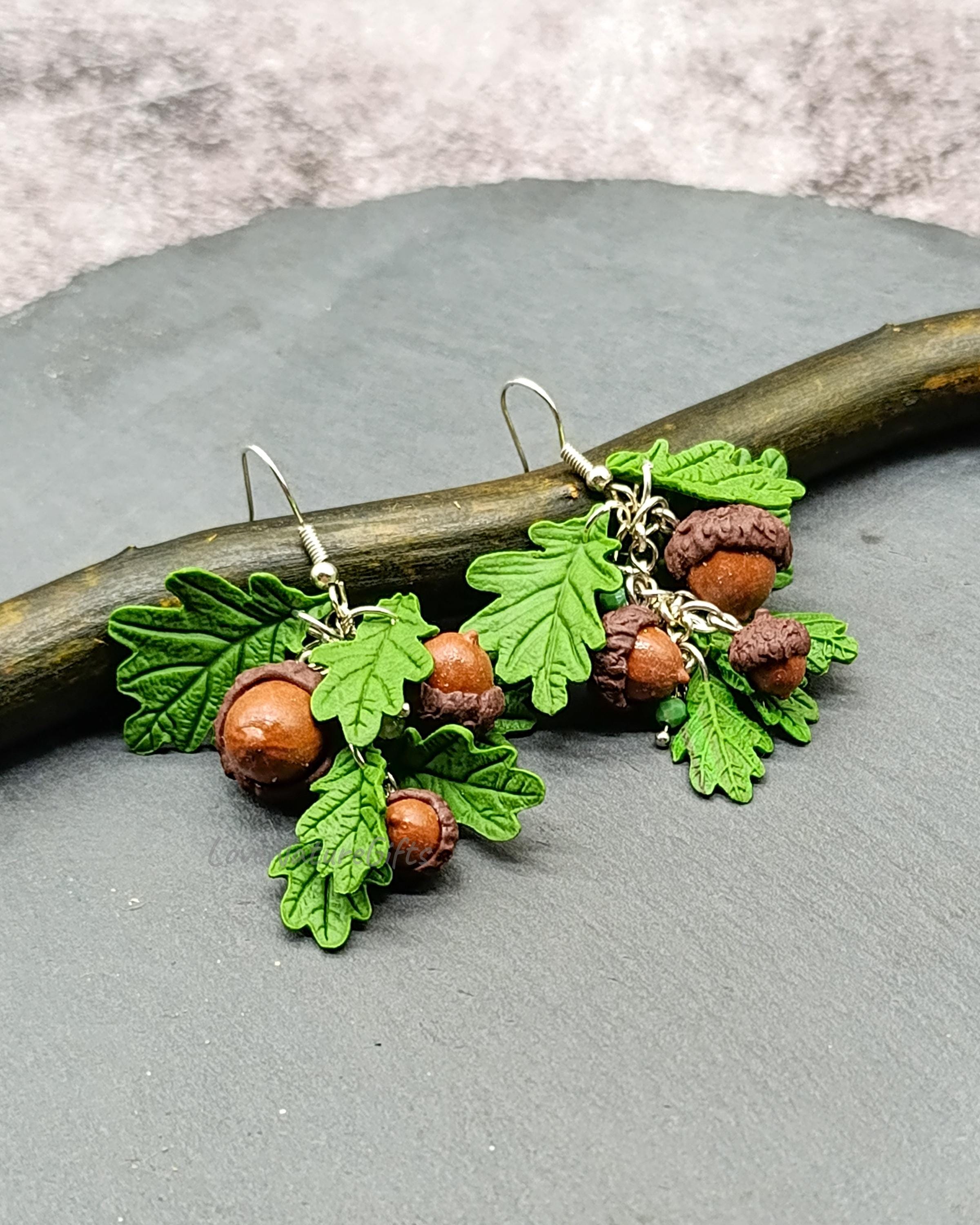 Acorn Dangle Earrings | Green Oak Leaf Jewelry | Nature-inspired ...
