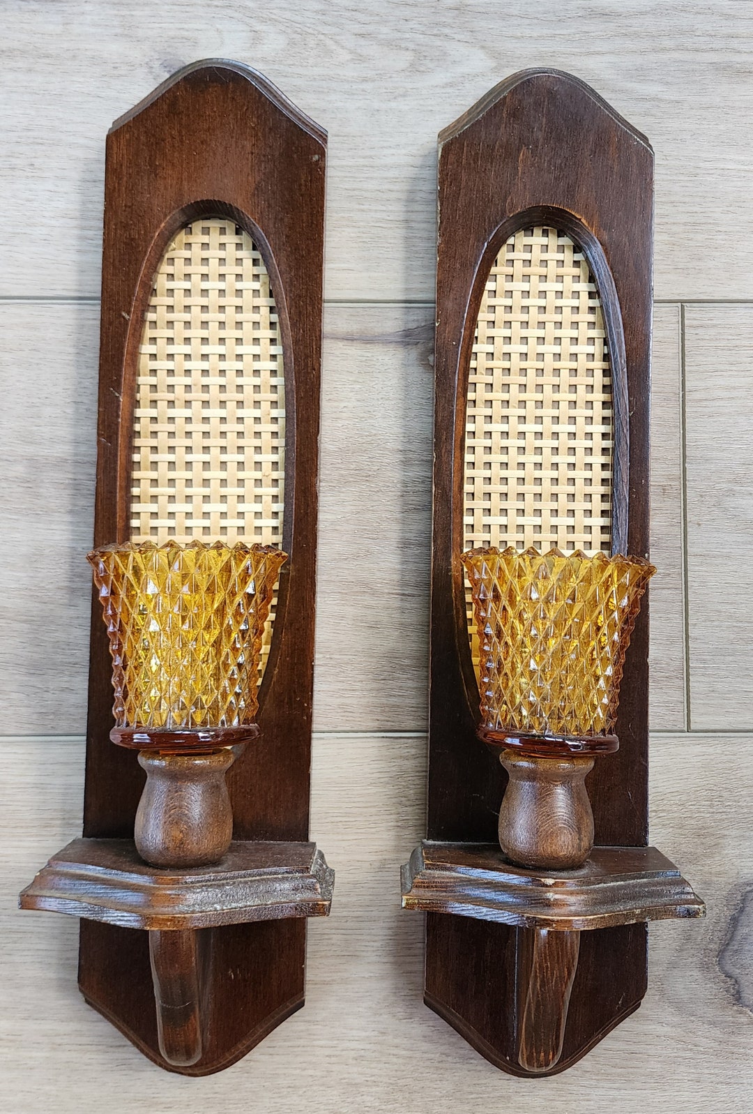Vintage Wall Sconces Set of Two Wicker and Wood - Etsy