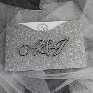 Silver Glitter Invitation, Personalized Glitter Invitation, Monogram ...