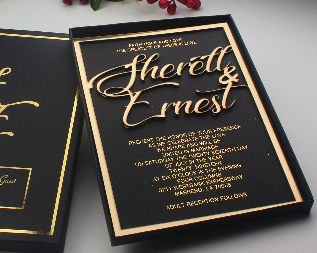 Gold embossed wedding invitation Gold black invitation 3-D | Etsy