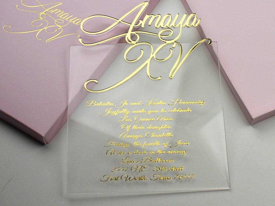 Luxury Acrylic Quinceañera Invitation | Gold Foil Sweet 15 Birthday ...