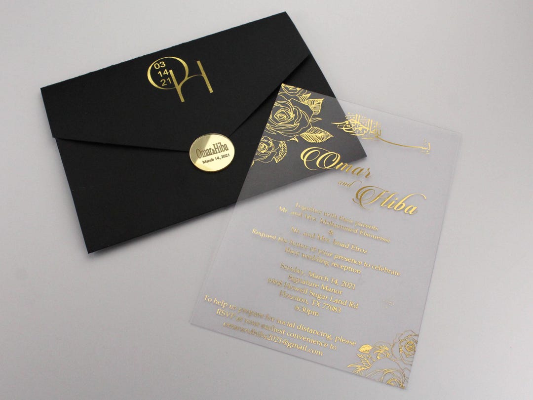 Luxury Arabic Acrylic Wedding Invitation With Black Envelope, Gold Foil ...