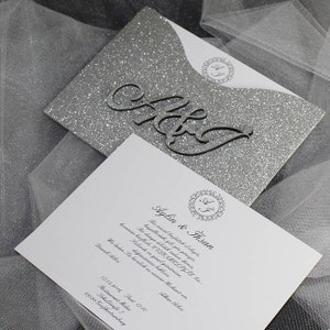 Silver Glitter Invitation, Personalized Glitter Invitation, Monogram ...