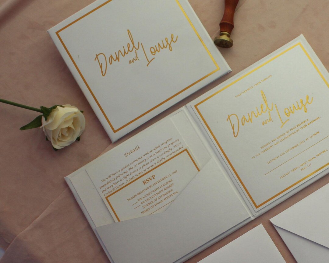 Gold Foil Hardcover Wedding Invitation: Gate Fold With Pocket - Etsy