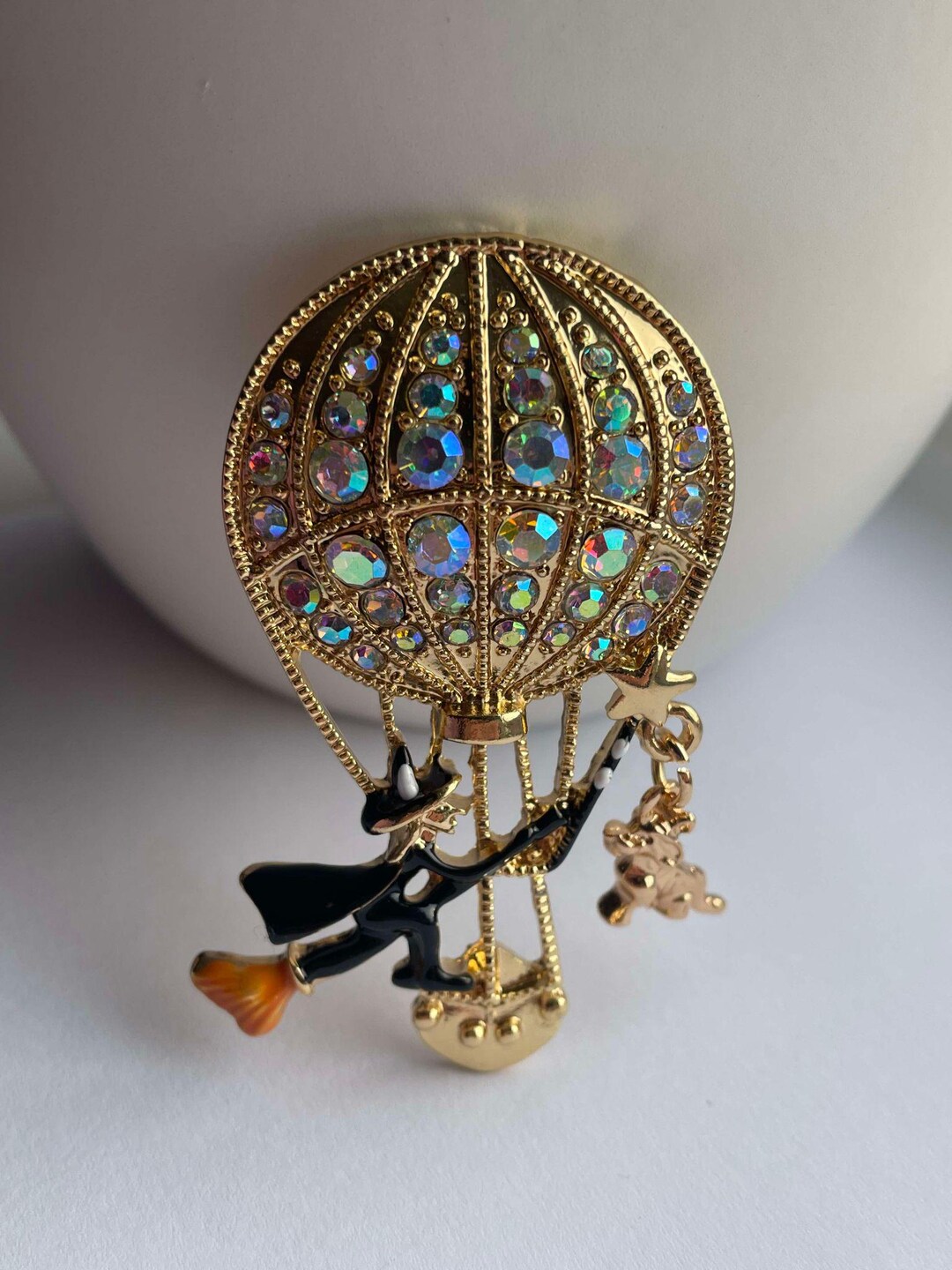 Witch on a Hot Air Balloon Brooch, Rhinestone Witch Brooch, Witch ...