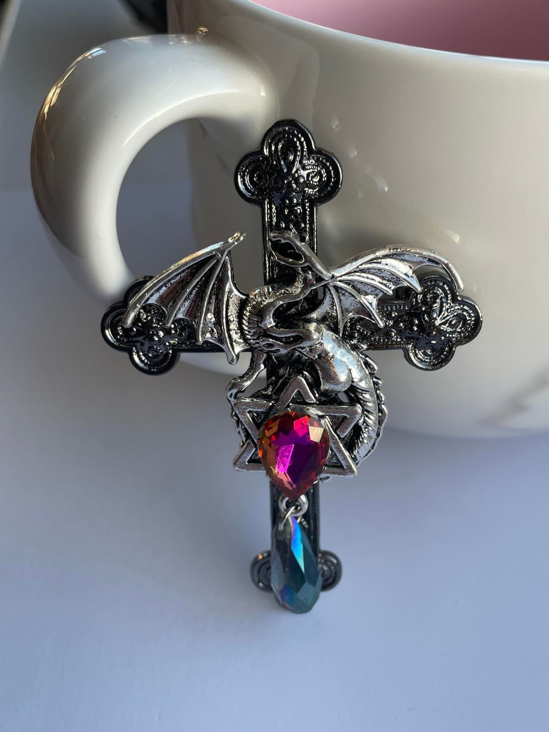 Gothic Dragon Cross Brooch, Cross Brooch, Rhinestone Cross Brooch ...