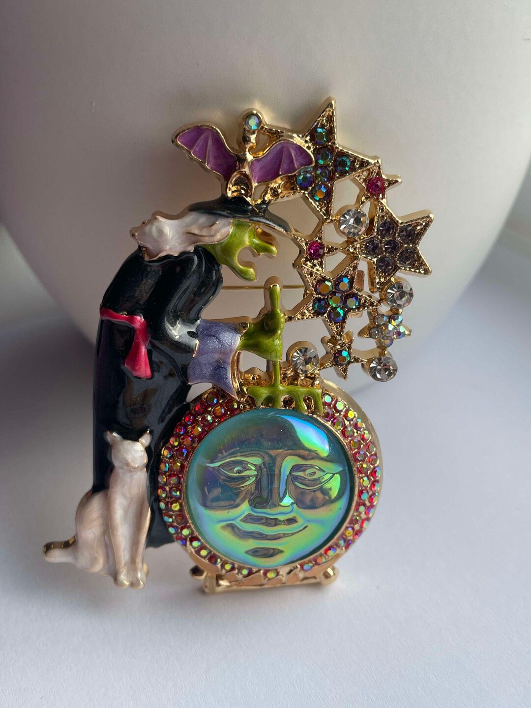 Witch and Iridescent Moon Cauldron Brooch, Rhinestone Witch Brooch ...