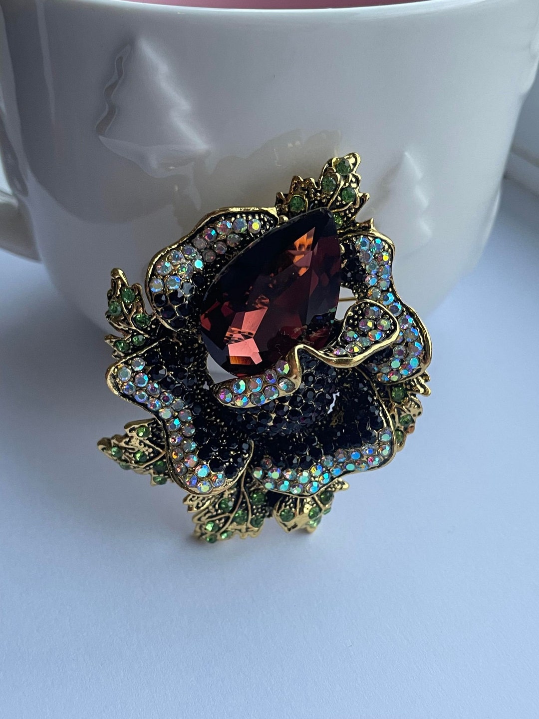 Large Red Rhinestone Vintage Style Flower Brooch, Flower Brooch, Large ...