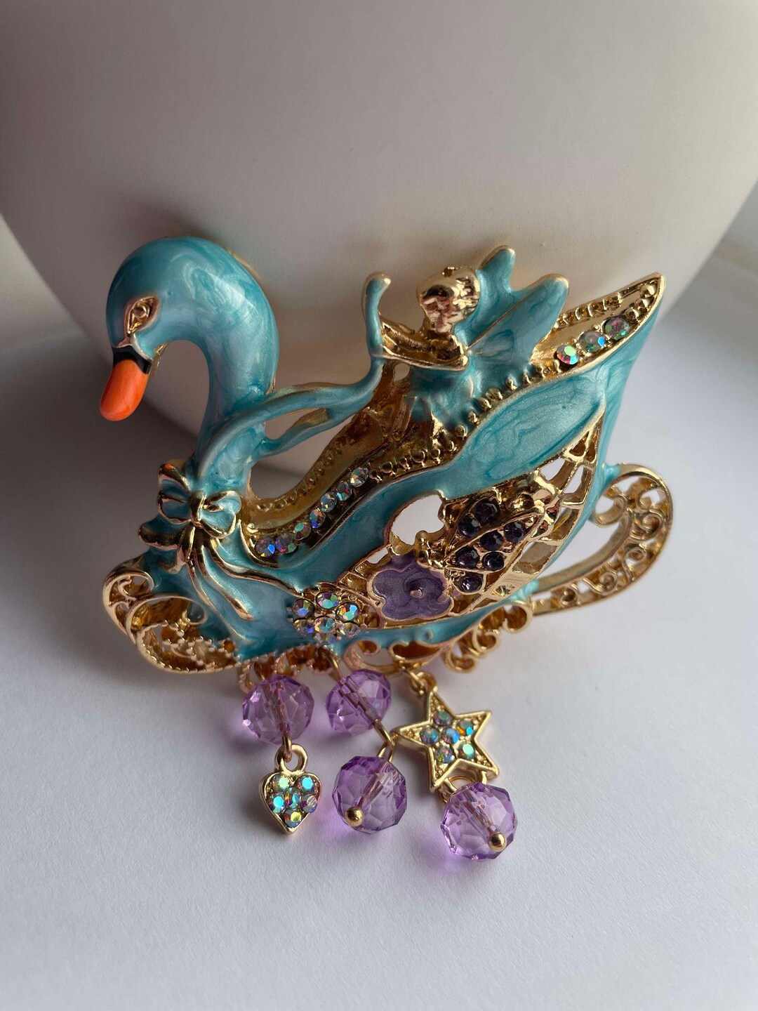 Swan Princess Dangle Brooch, Magical Brooch, Rhinestone Swan Brooch ...