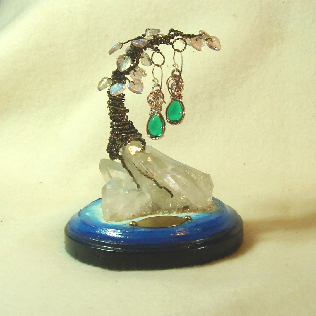 Wire Display Tree on Quartz Crystals & Engravable Plaque on Wood Base ...