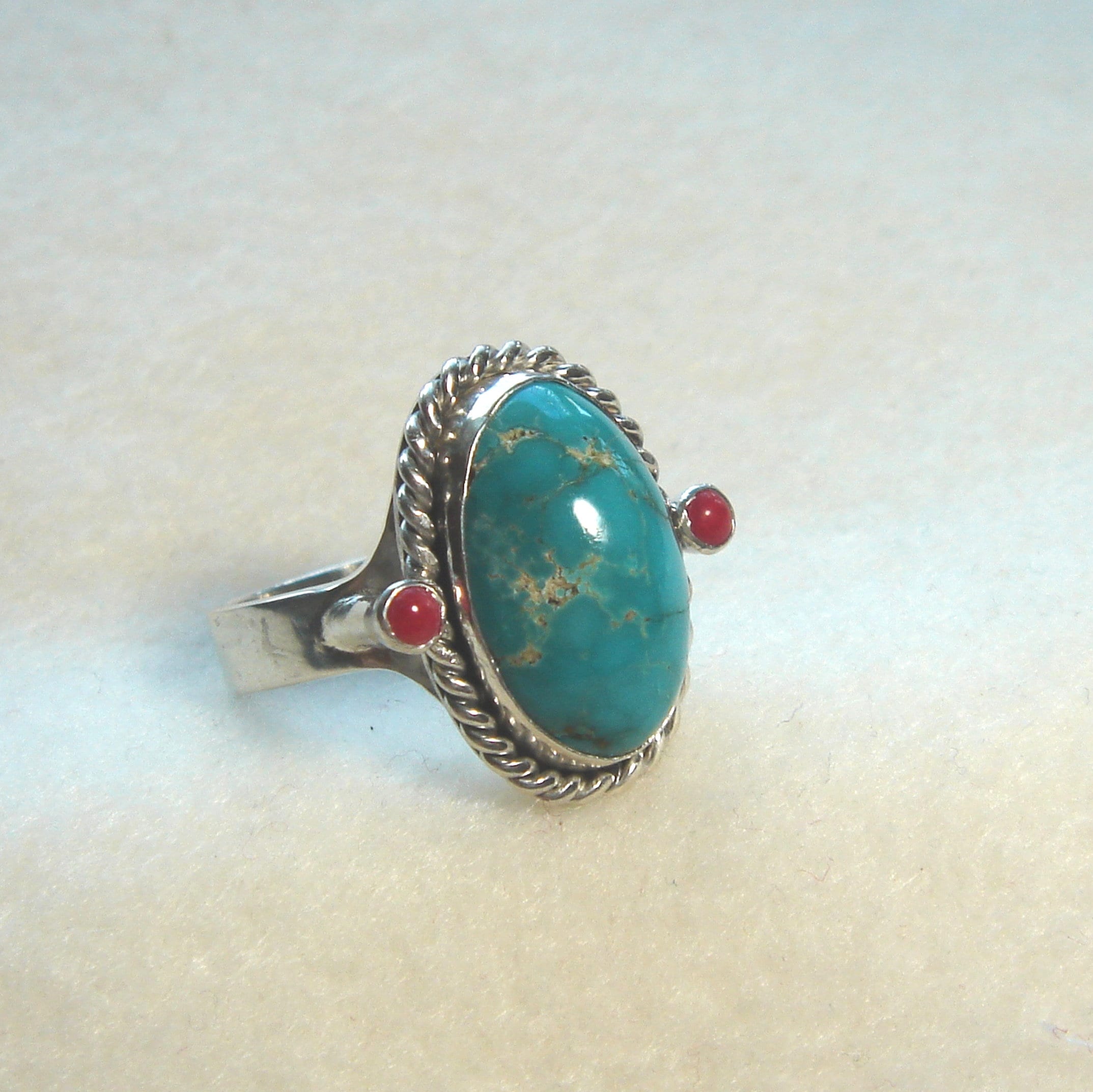 Turquoise & red coral sterling ring size 8.75 with rope | Etsy