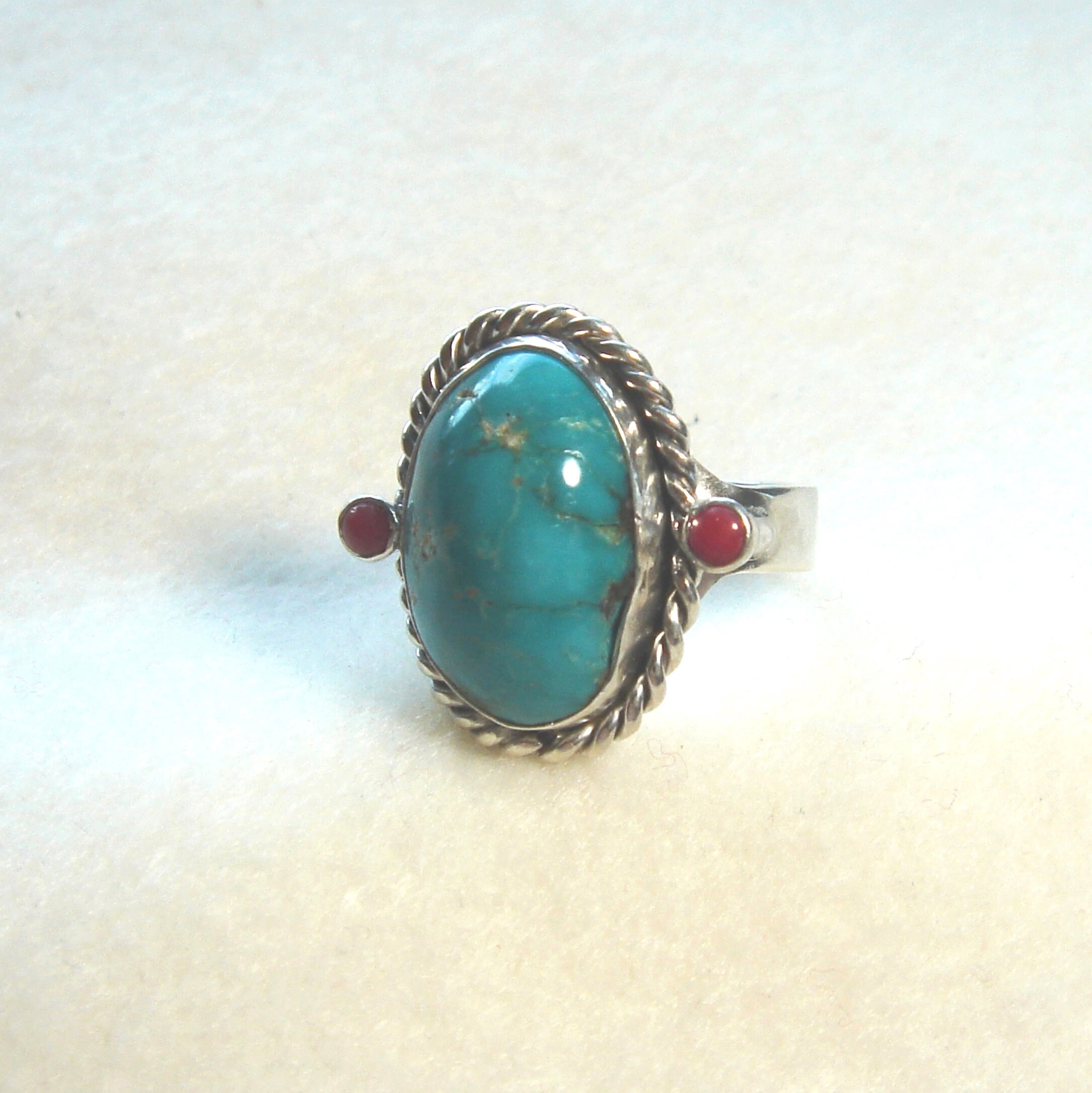 Turquoise & Red Coral Sterling Ring, Size 8.75, With Rope Twist Frame ...