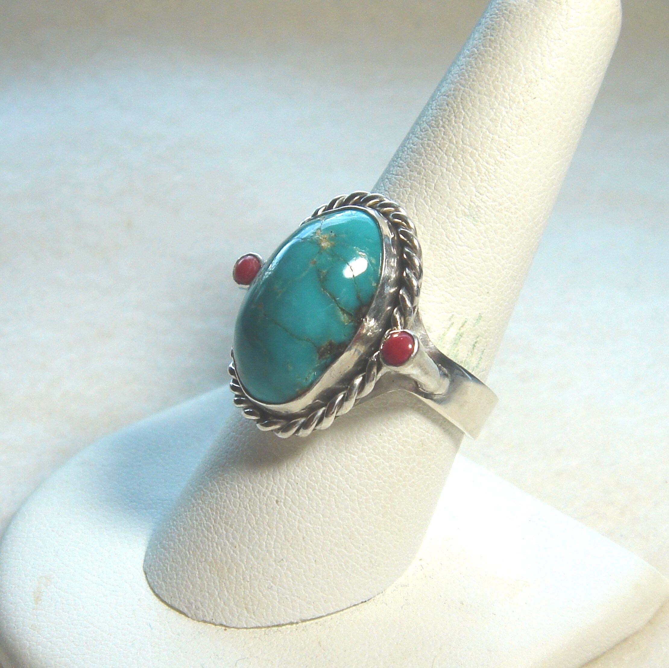 Turquoise & Red Coral Sterling Ring, Size 8.75, With Rope Twist Frame ...