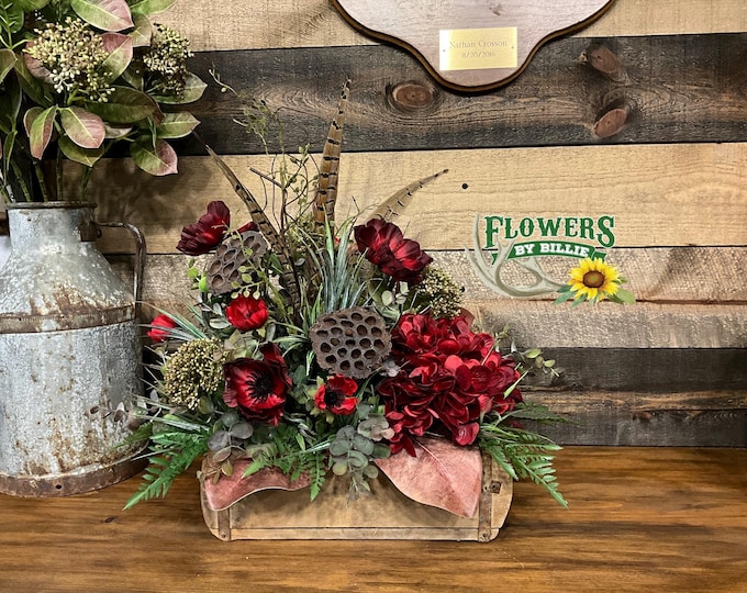Rustic Red Floral Centerpiece, Rustic Floral Brick Mold, Cabin Floral ...