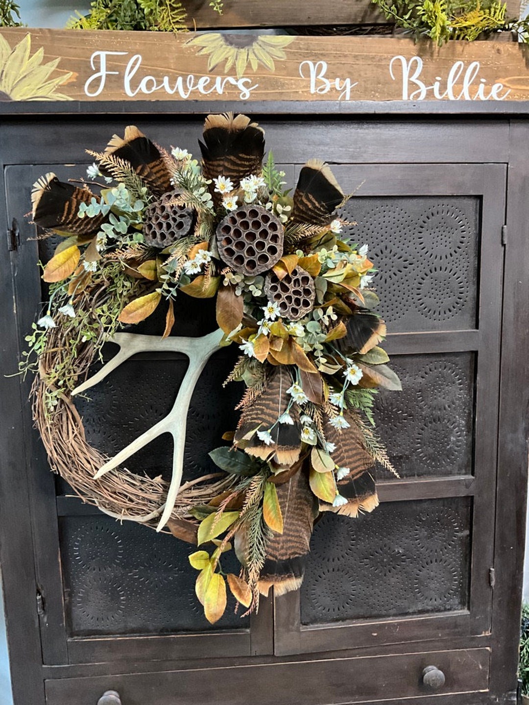 Mule Deer Antler Wreath With Wild Turkey Feathers, Antler Wreath, Cabin ...