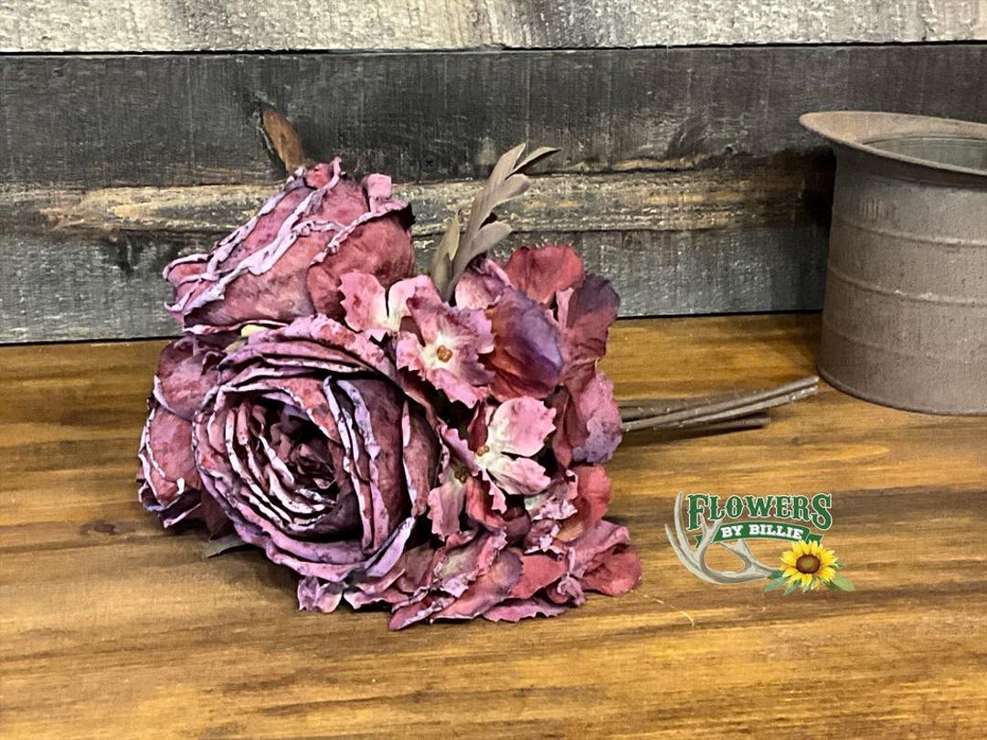 Artificial Cabbage Rose and Hydrangea Bouquet, Artificial Burgundy ...