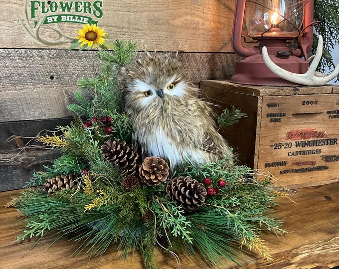 Large Rustic Owl Arrangement, Winter Owl Table Piece, Woodland Owl ...
