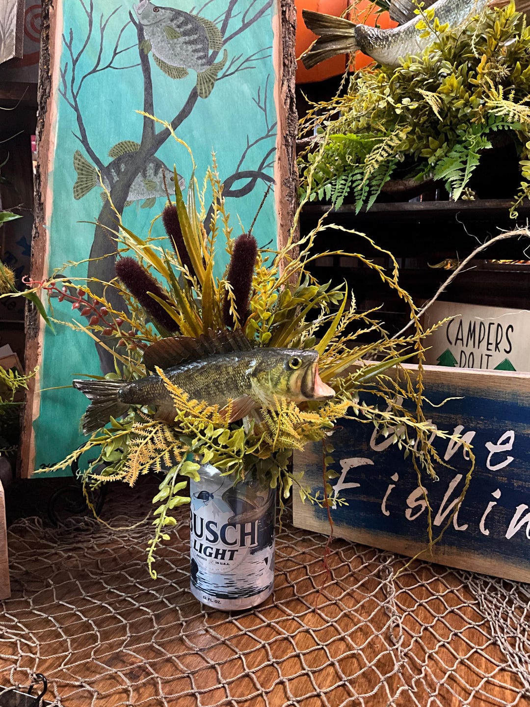 Bass Fish Beer Can, Bass Fishing Arrangement, Fishing Decor, Lake House ...