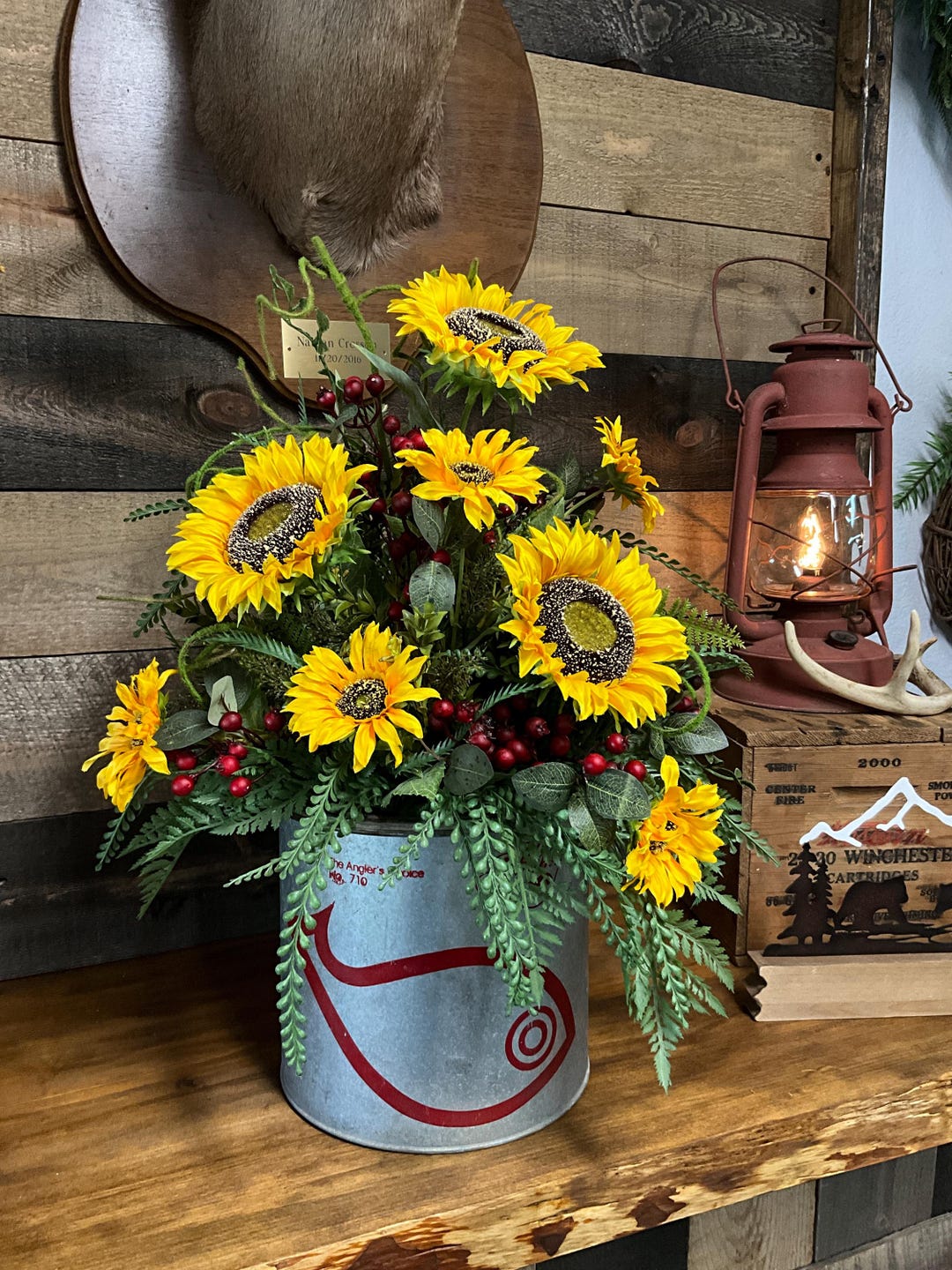 Sunflower Minnow Bucket, Lake House Minnow Bucket Decor, Fishing Decor ...