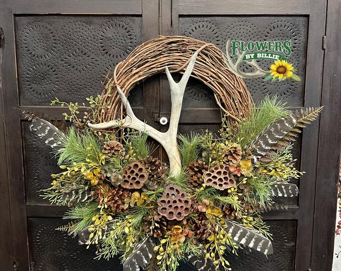 Woodland Pine Deer Antler Wreath With Wild Turkey Feathers, Deer Antler ...
