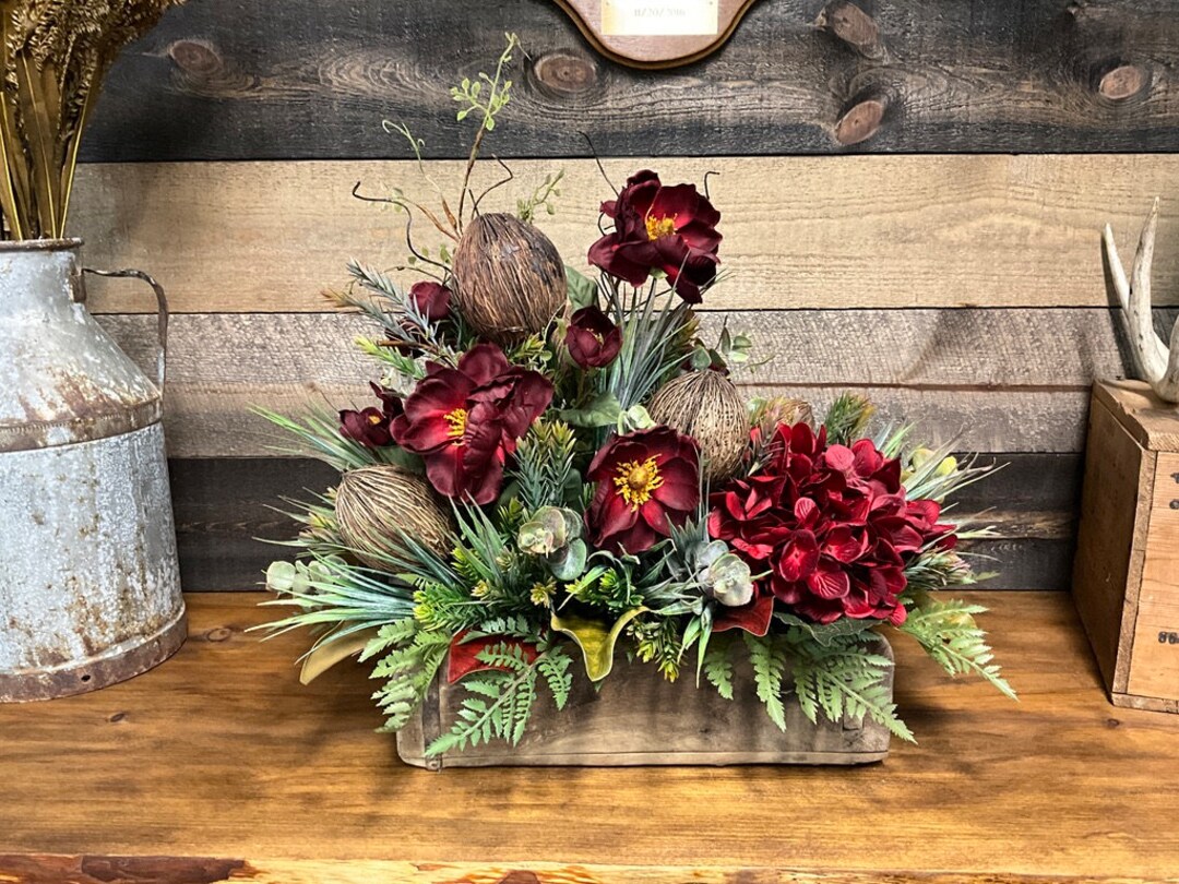Rustic Red Floral Centerpiece, Red Floral Brick Mold Arrangement, Cabin ...