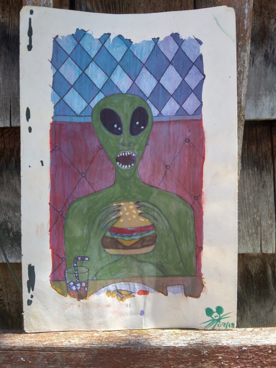 Original Art Alien Eating Cheeseburger in a Diner Watercolor and ...