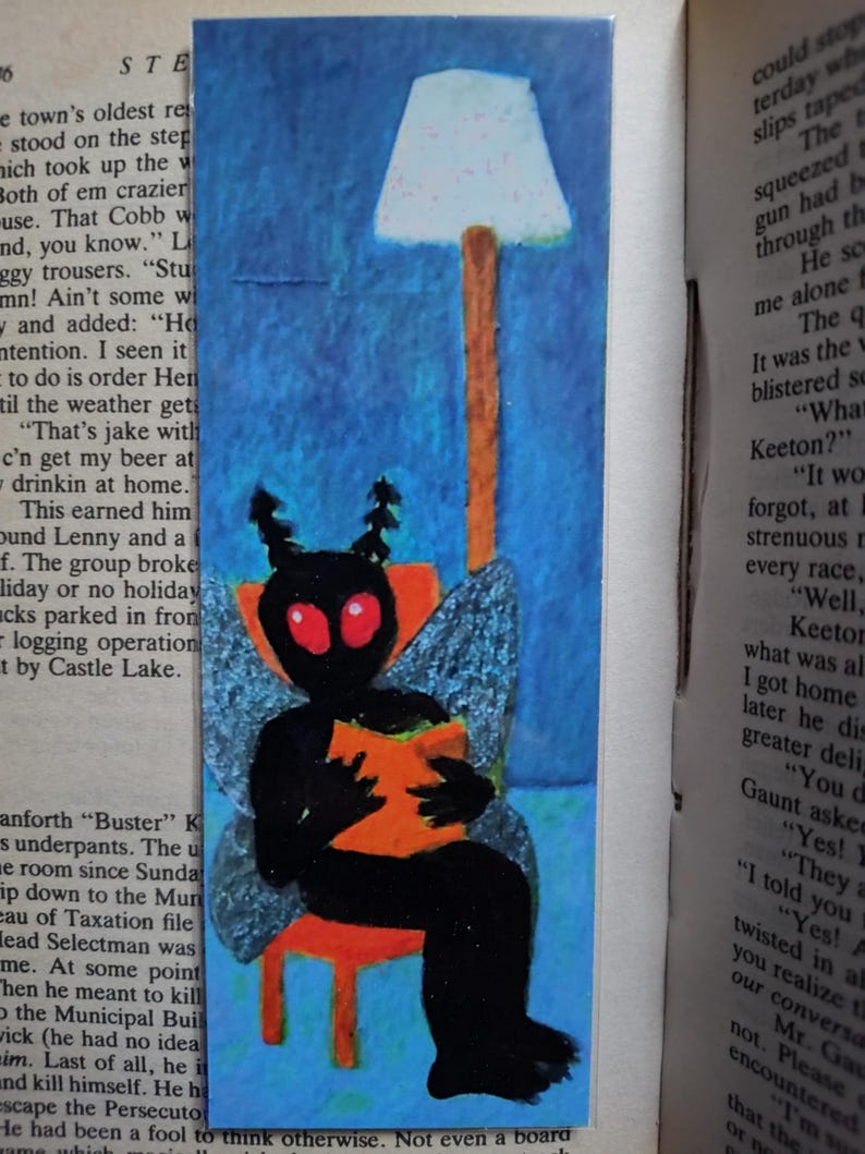 Bookmark - Mothman Reading Under a Lamp - Cryptid Art Print - Etsy