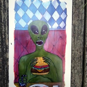 Art Print - Alien Eating a Cheeseburger in a Diner - Silly Scifi ...
