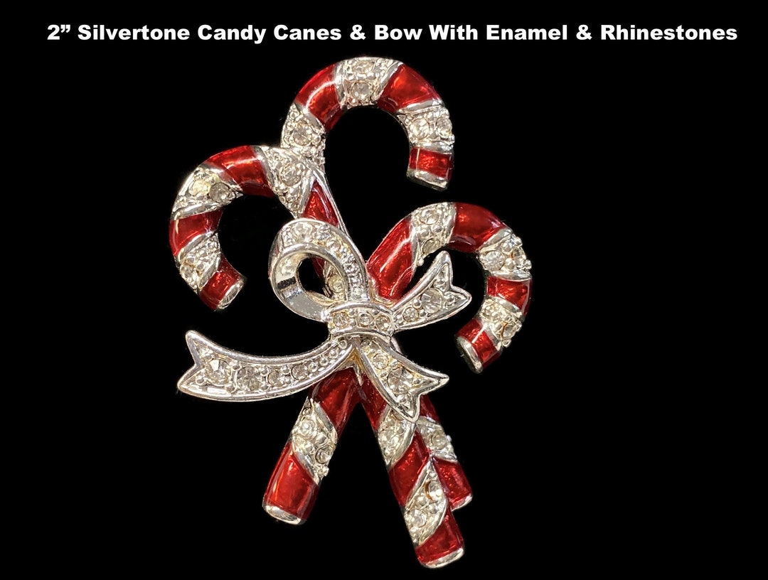 Christmas Candy Cane Pin Silver Tone Rhinestones & Enameling - Etsy