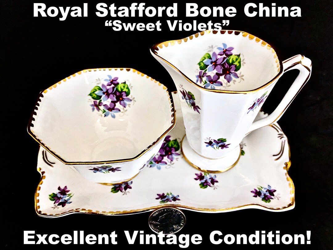 Royal Stafford Sweet Violets Sugar Creamer Tray Bone China England Gold ...