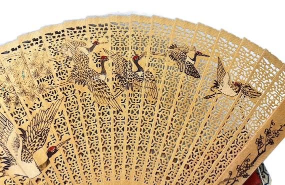 Hand Painted Folding Hand Fan Birds Heron Pierced Bam… - Gem